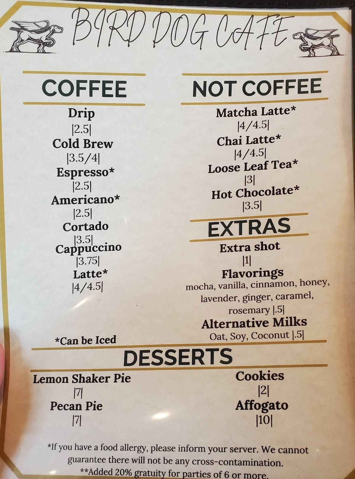 Menu at Bird Dog Cafe, Laurel