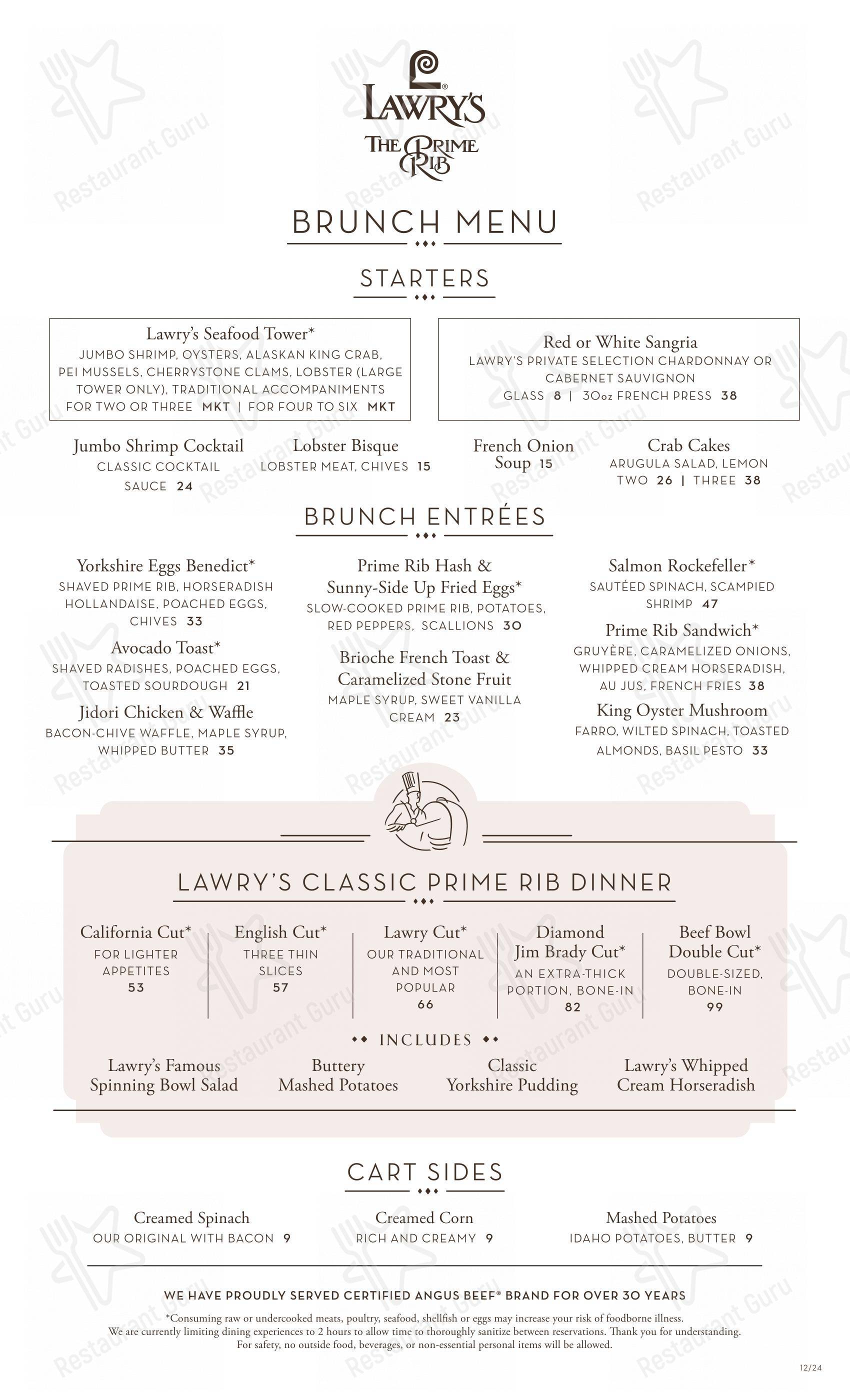 Menu at Lawry's The Prime Rib pub & bar, Beverly Hills