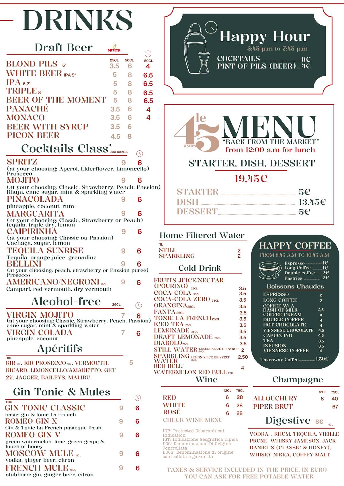 Menu au Le 45 by Moretti restaurant, Versailles