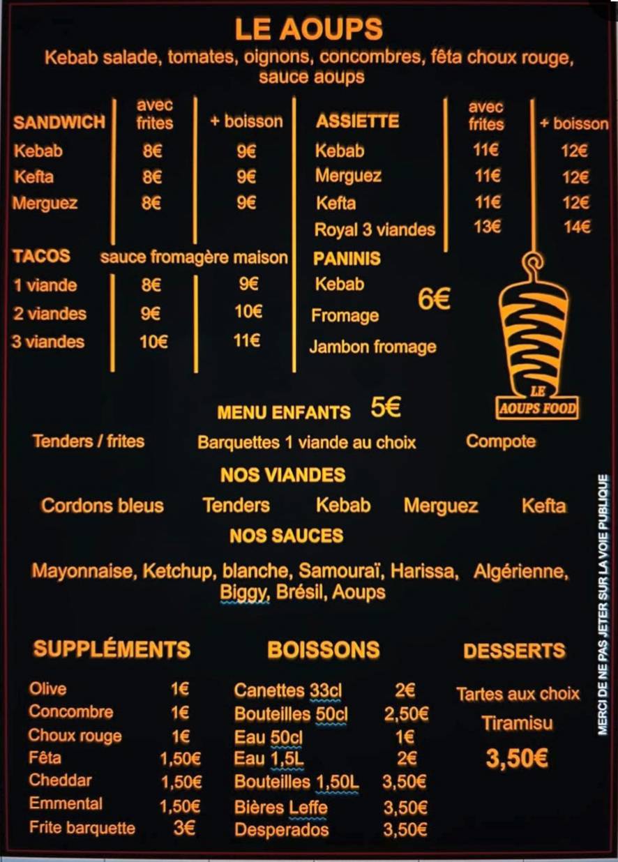 Menu at Le Aoups food restaurant, Mios