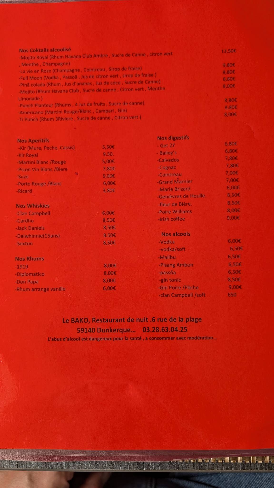 Menu au Le Bako restaurant, Dunkerque