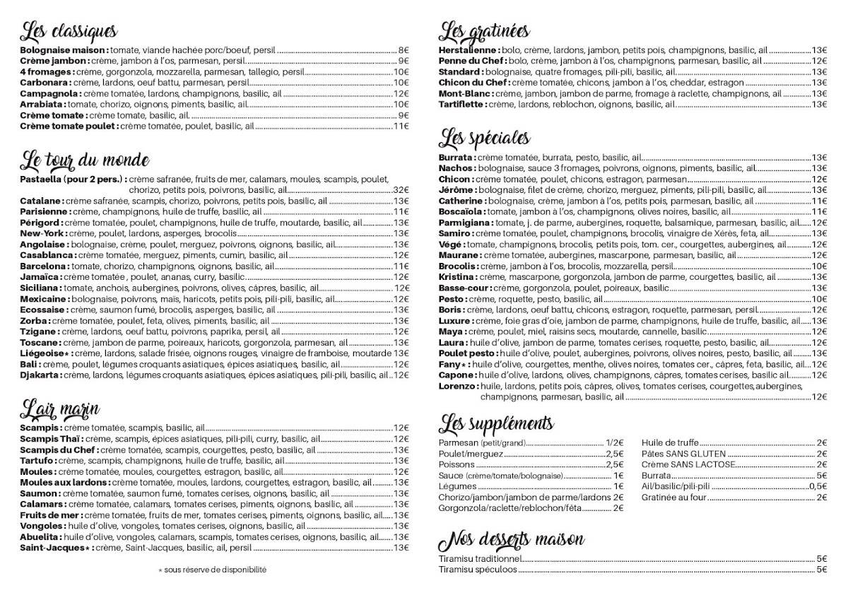 Menu at Le Bar à pâtes de Carmelo Herstal, Herstal