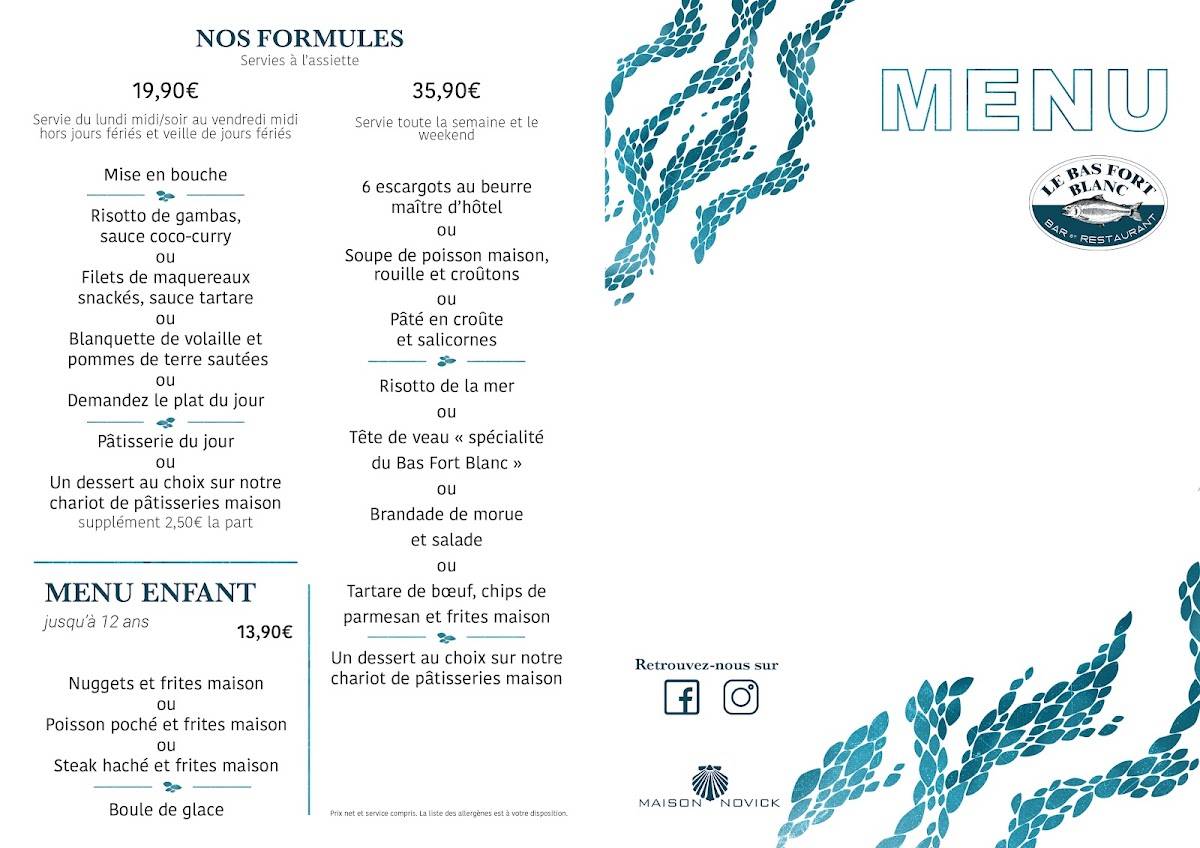 Menu au Le Bas Fort Blanc restaurant, Dieppe