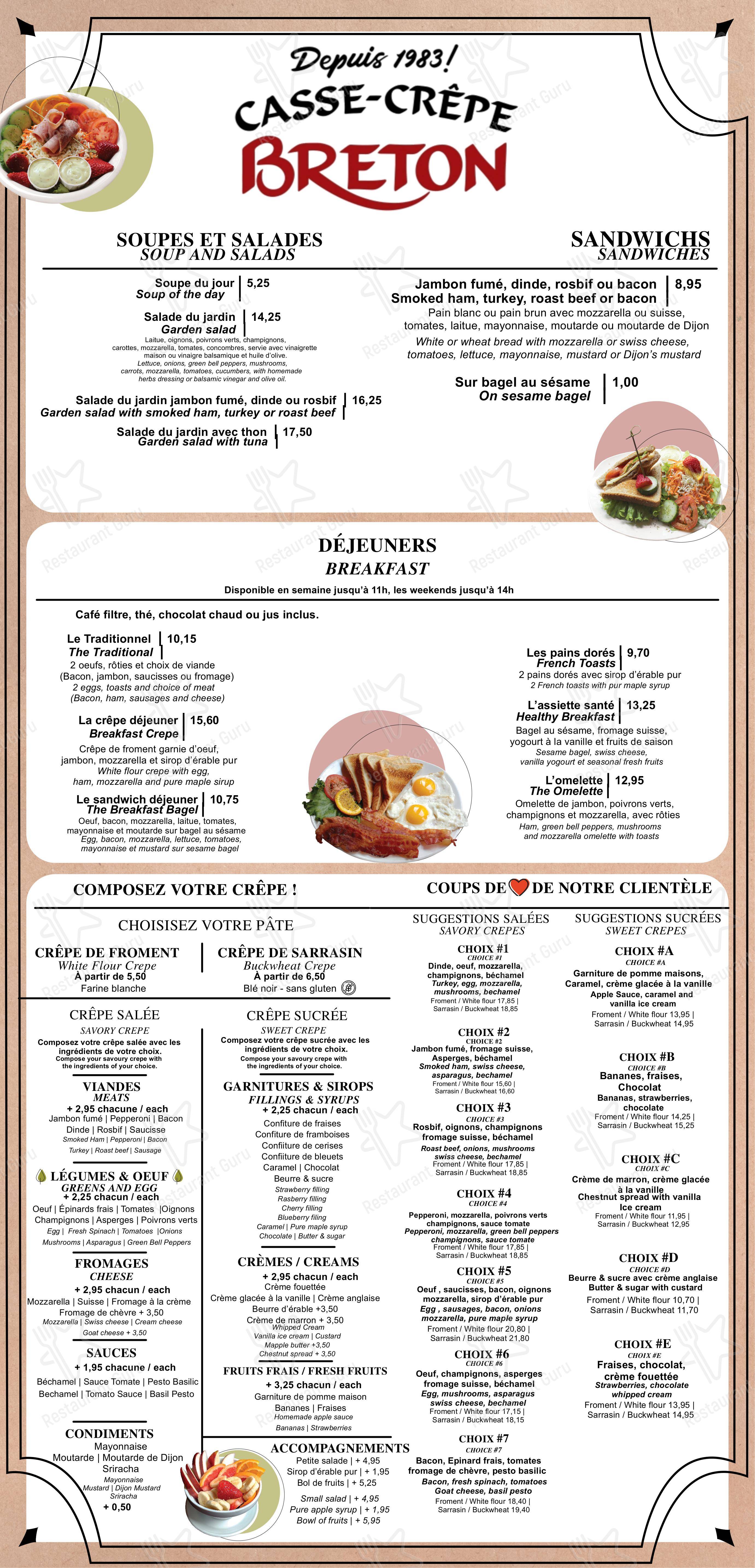 Menu at Le Casse-Crêpe Breton restaurant, Québec City, Rue Saint-Jean