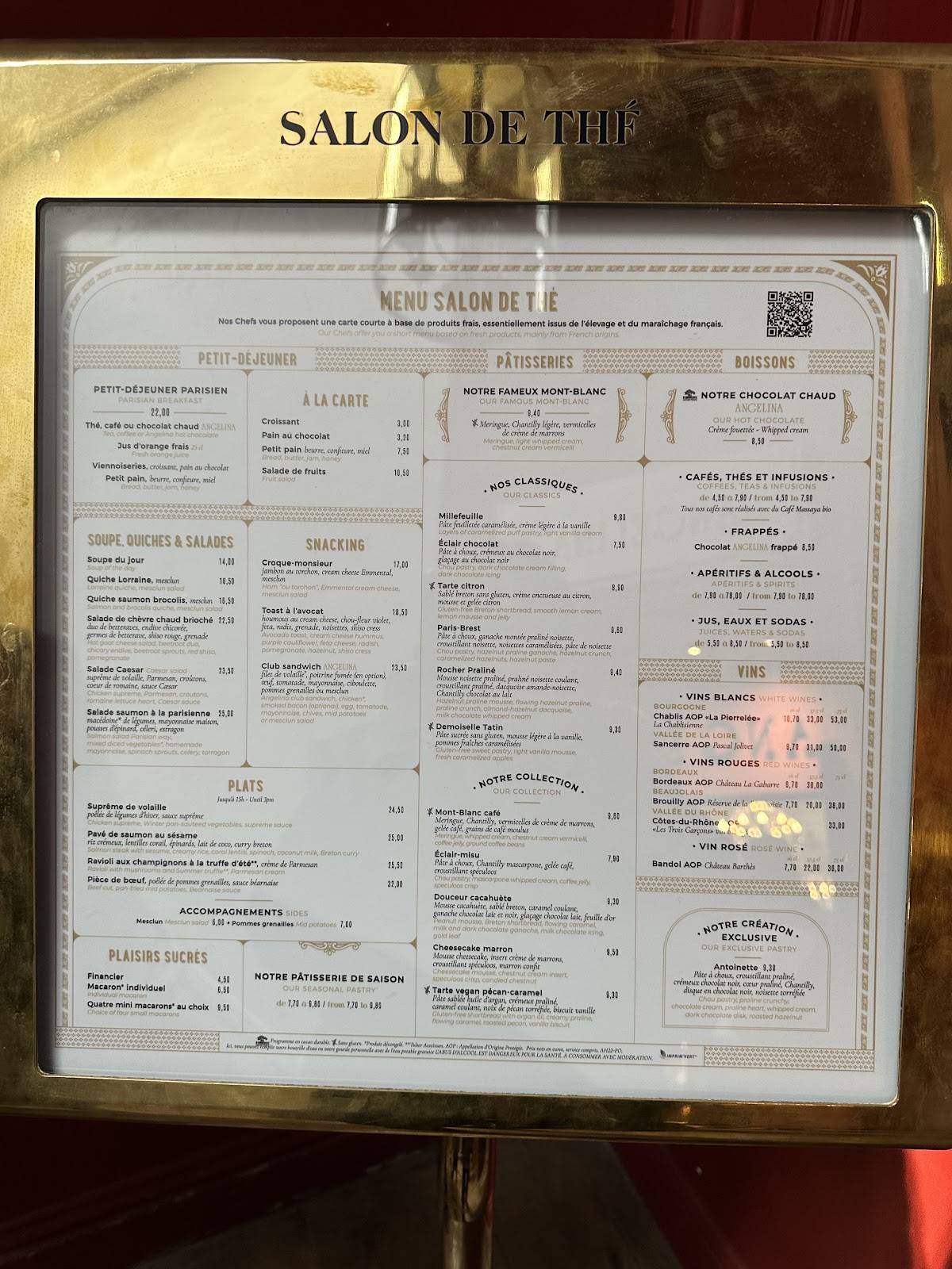 Menu at Angelina Paris restaurant, Versailles, Allée des 2
