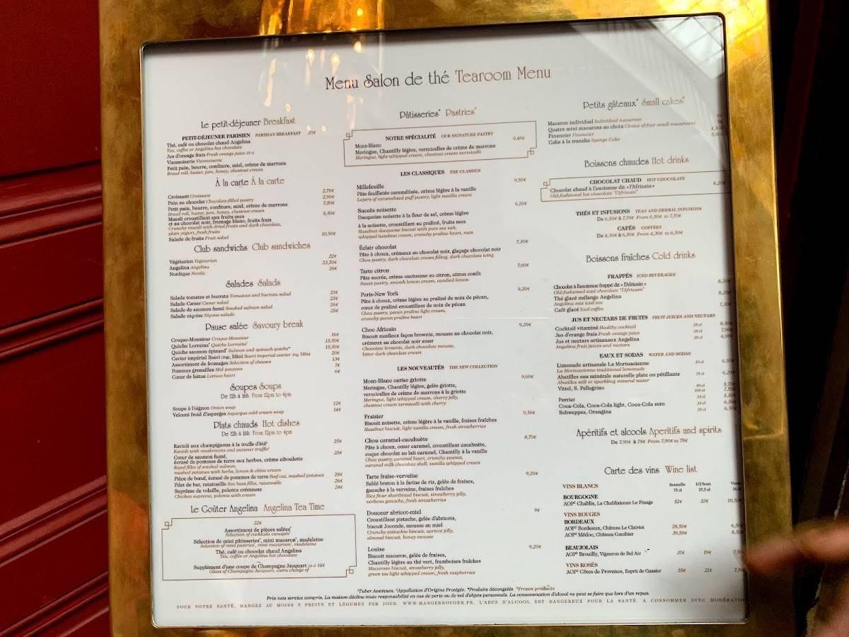 Menu at Angelina Paris restaurant, Versailles, Allée des 2