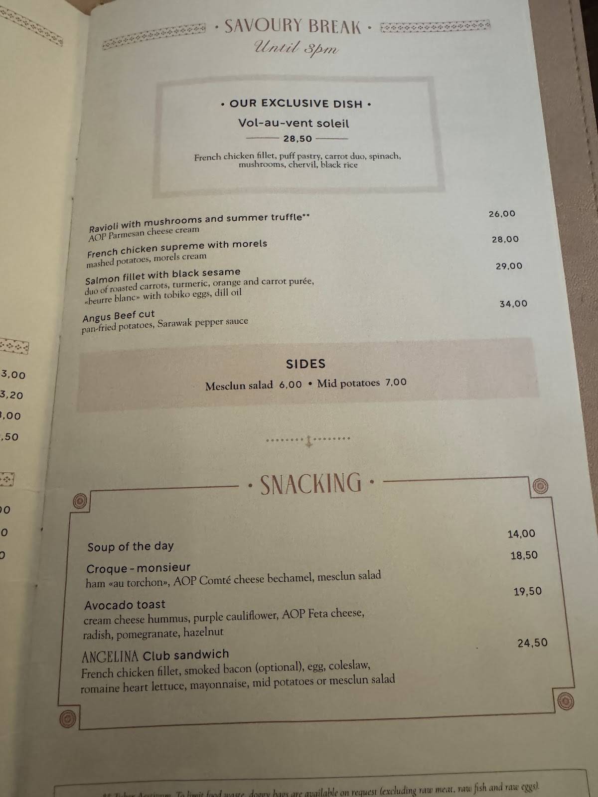Menu at Angelina Paris restaurant, Versailles, All. des deux Trianons