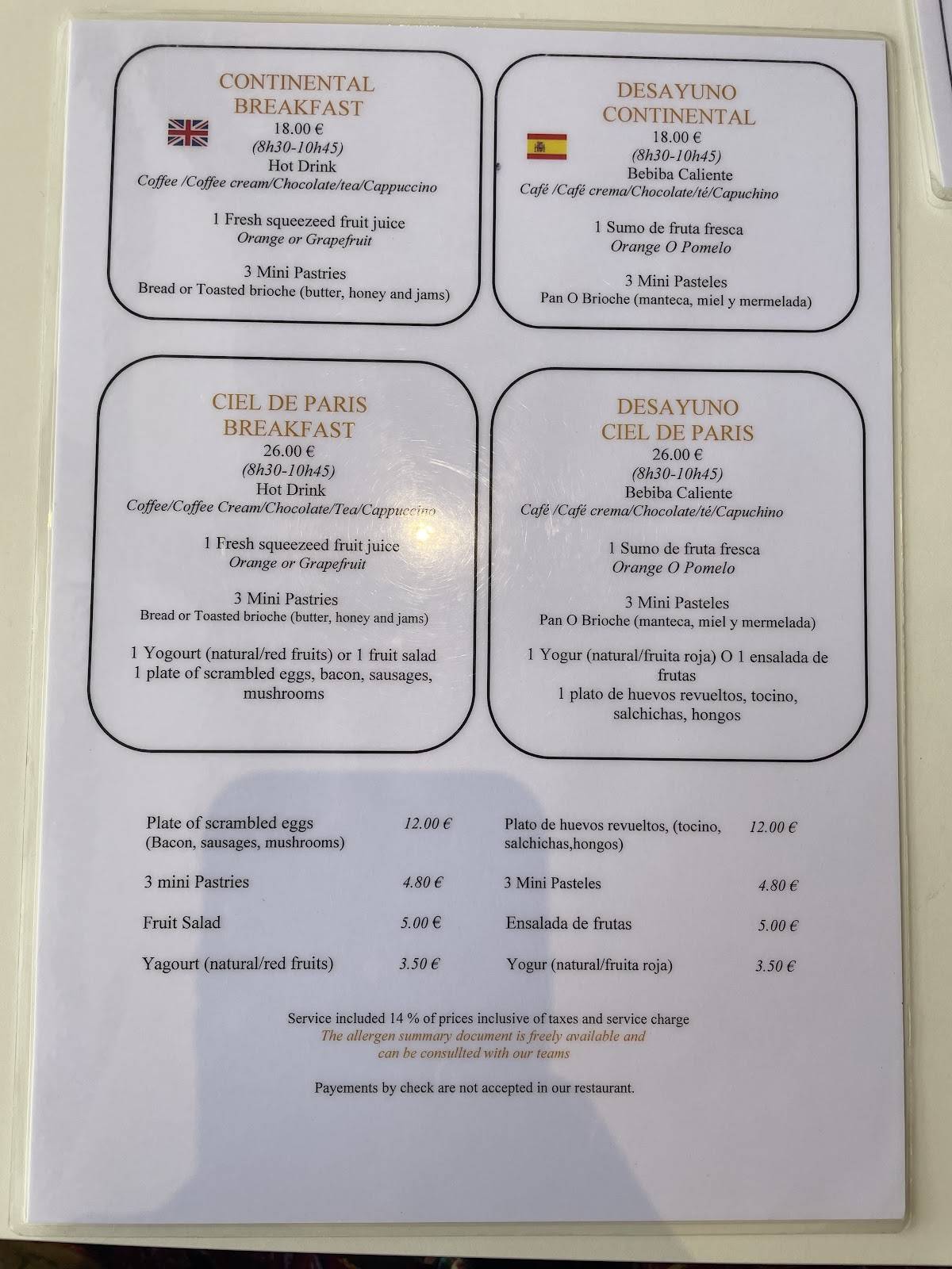 Carta de Le Ciel de Paris Restaurant, Paris, Tour Maine Montparnasse