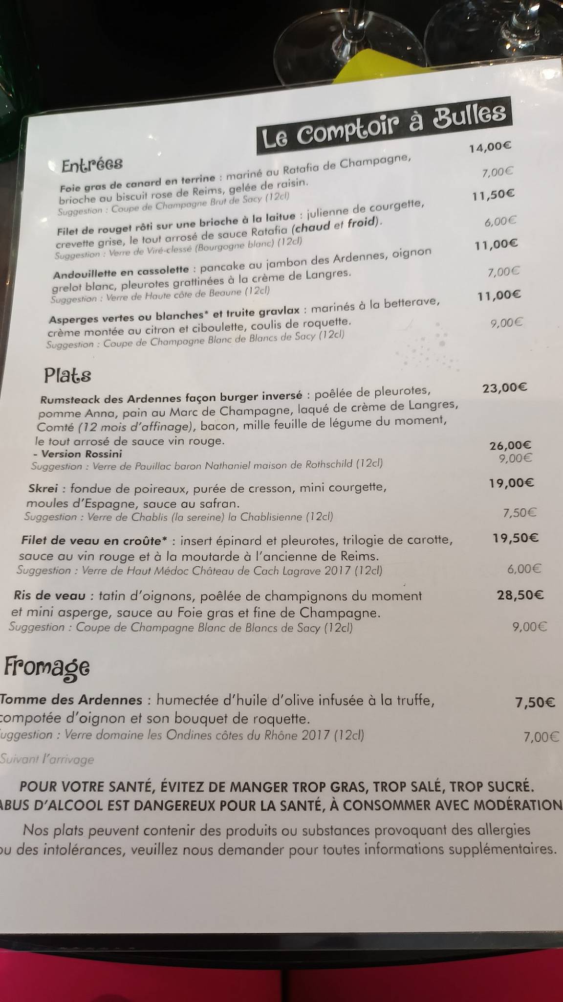 Menu au Le comptoir à Bulles restaurant, Sacy, 6 Pl. Saint-Avertin