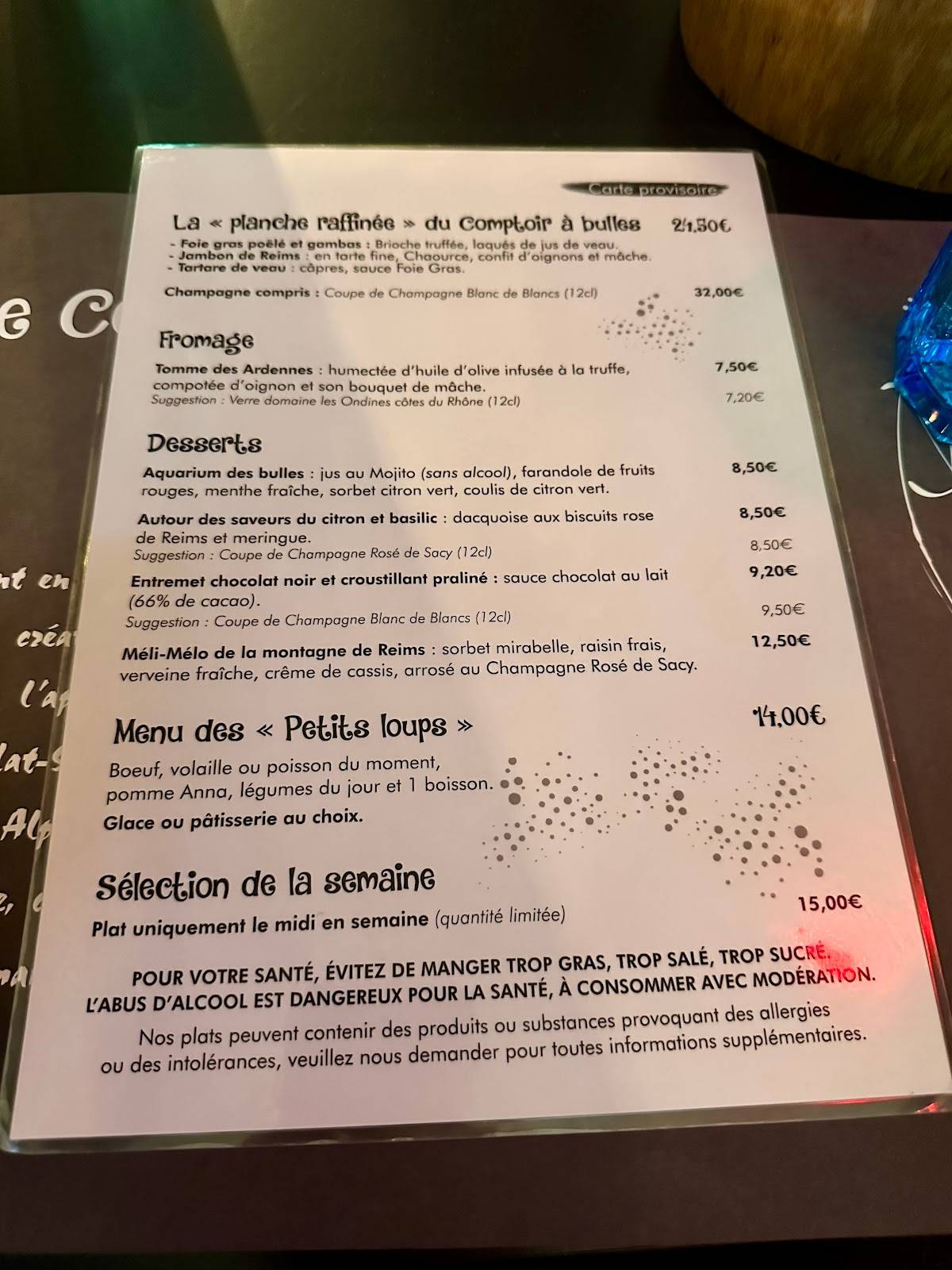 Menu au Le comptoir à Bulles restaurant, Sacy, 6 Pl. Saint-Avertin