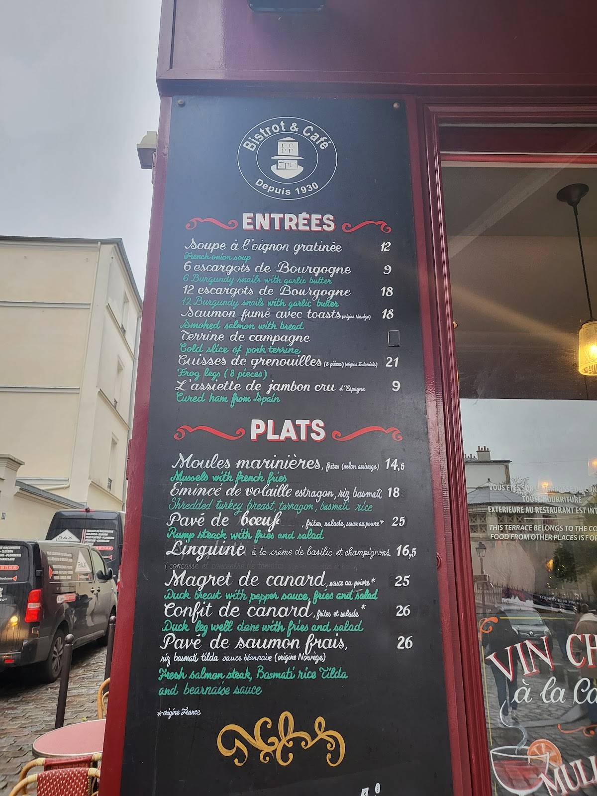 Menu at Le Consulat restaurant, Paris, 18 Rue Norvins