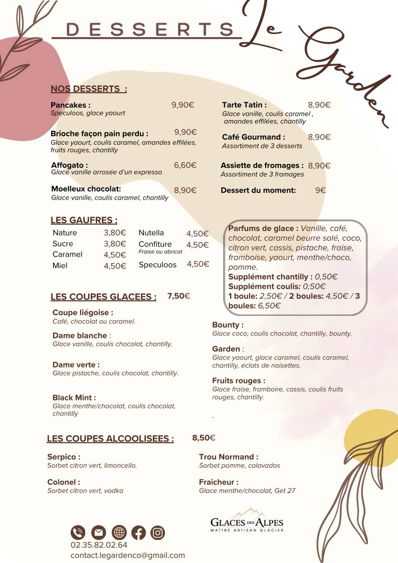 Menu au Le Garden restaurant, Dieppe