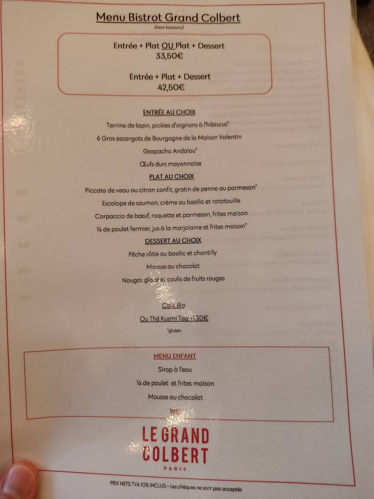 Menu at Le Grand Colbert restaurant, Paris, 2 Rue Vivienne