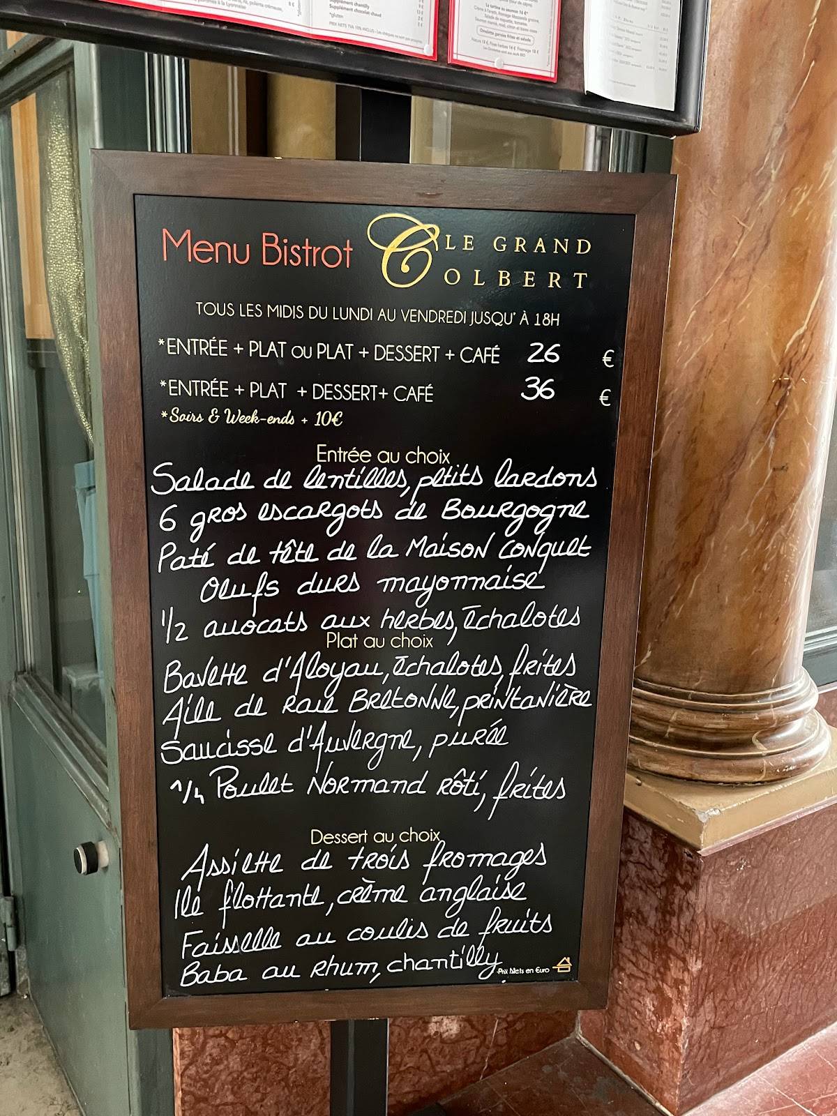 Menu at Le Grand Colbert restaurant, Paris, 2 Rue Vivienne