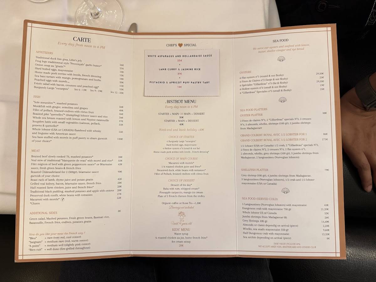 Menu at Le Grand Colbert restaurant, Paris, 2 Rue Vivienne