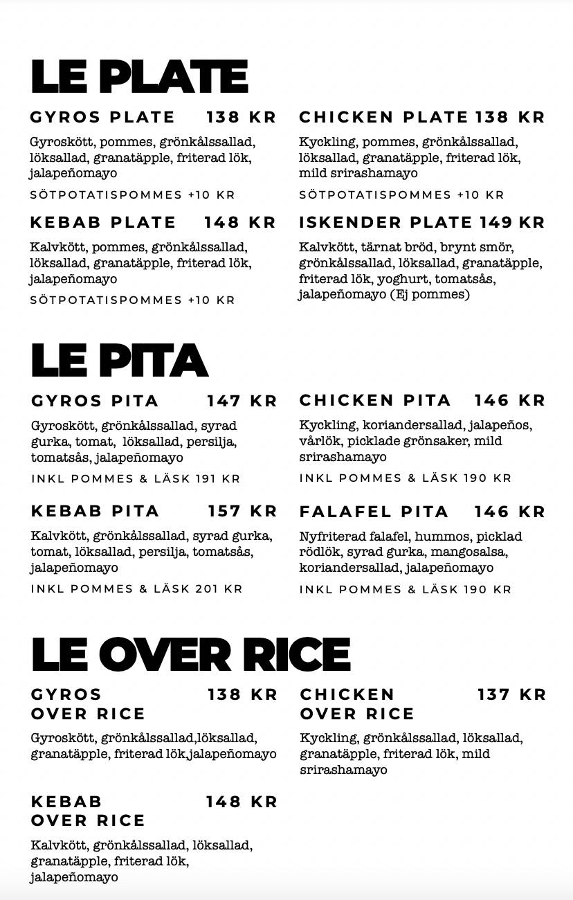 Menu at Le Kebab Stureplan, Stockholm