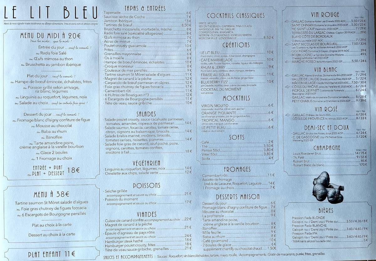 Menu au Le Lit Bleu pub et bar, Albi