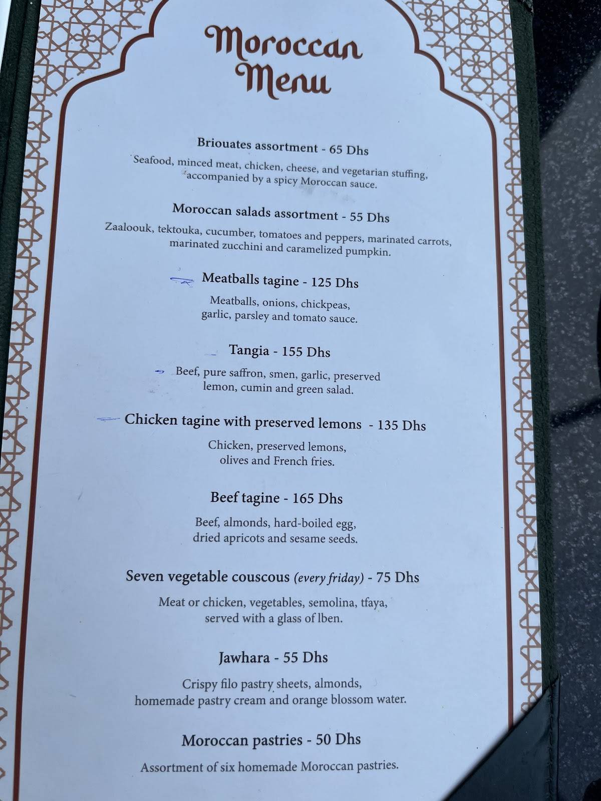 Carta del restaurante Le Loft, Casablanca