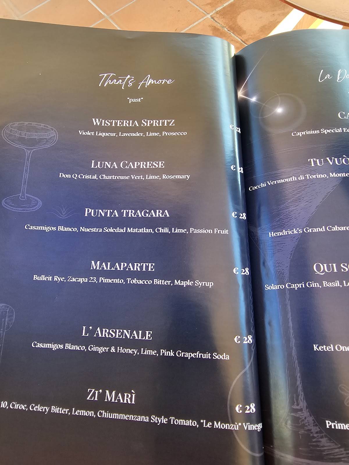 Menu at Le Monzu restaurant, Capri