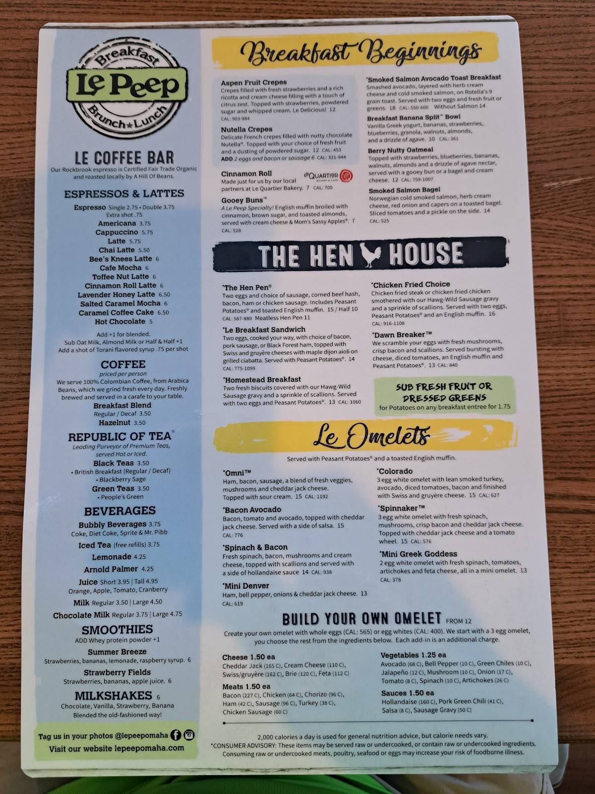 Menu at Le Peep Omaha - Pepperwood restaurant, Omaha, 559 N 155th Plaza