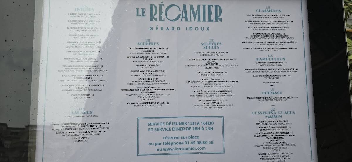 Menu au Le Récamier restaurant, Paris, 4 Rue Juliette Récamier