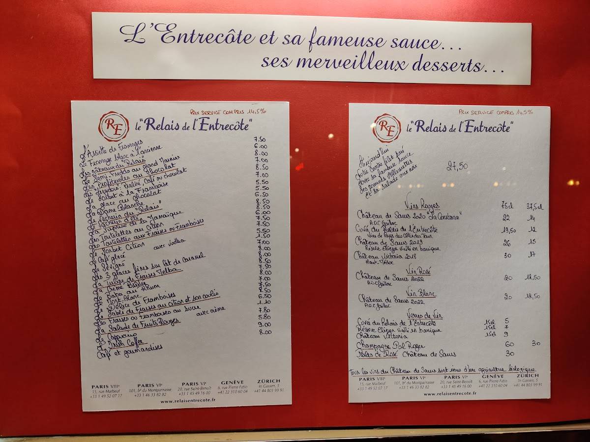 Carta de parrilla Le Relais de l'Entrecôte, Paris, 20 Rue Saint-Benoît