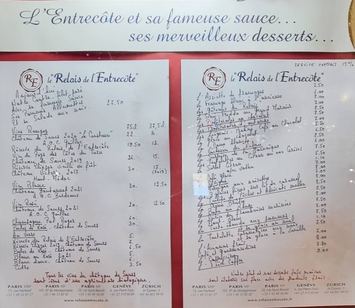Menu au Le Relais de l'Entrecôte restaurant à viande, Paris, 20 Rue ...