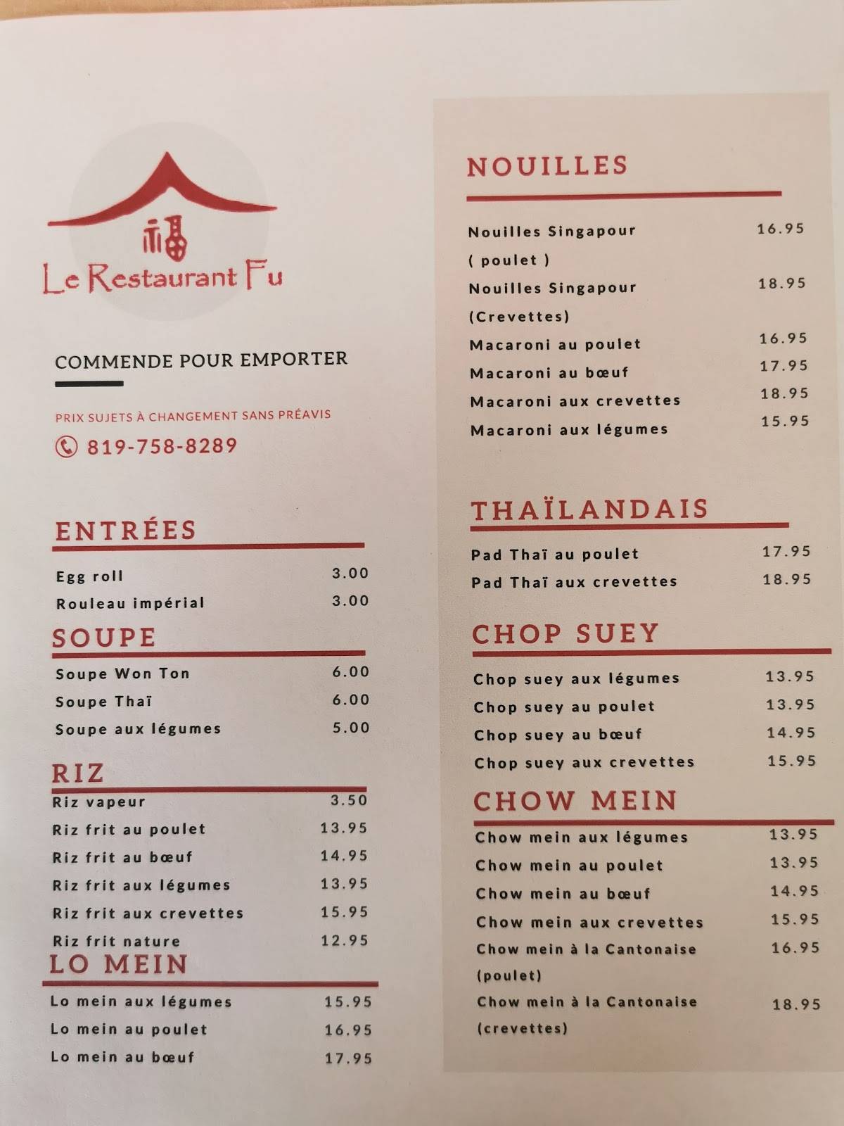 Menu au Le Restaurant FU, Victoriaville