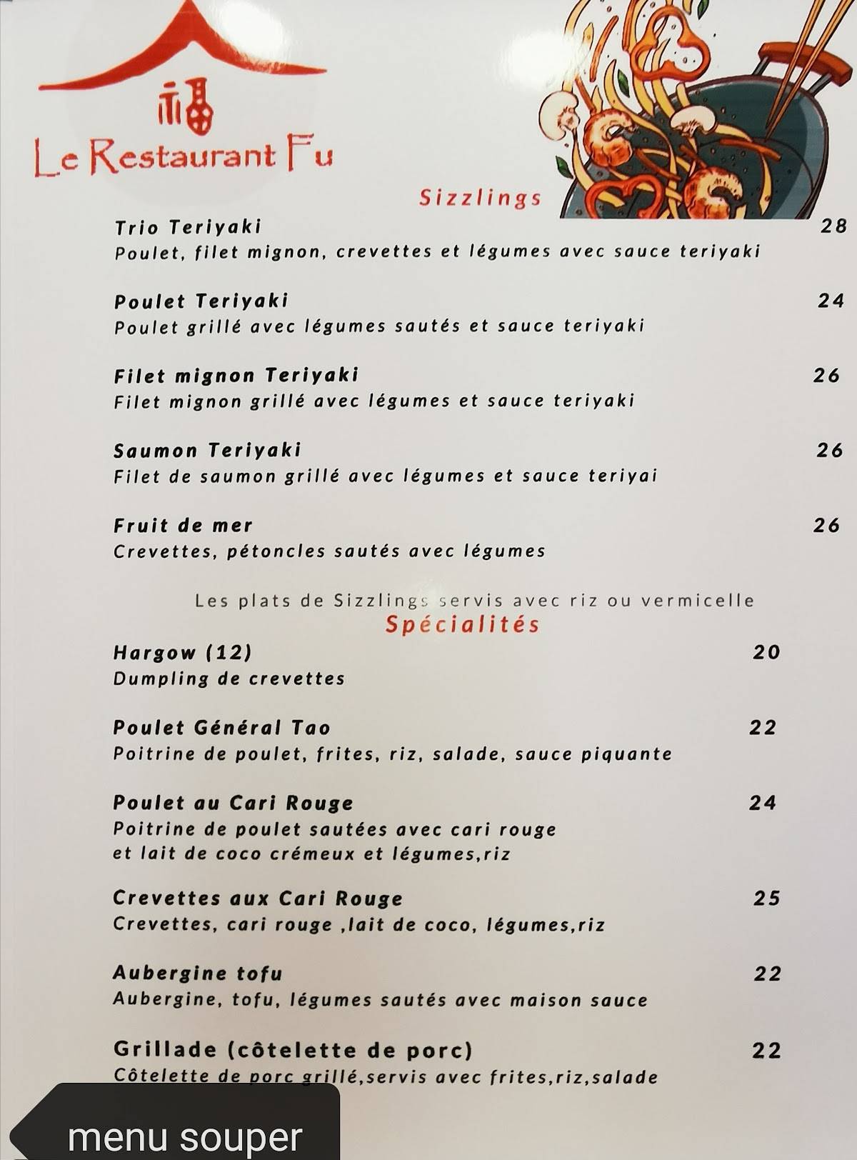 Menu au Le Restaurant FU, Victoriaville