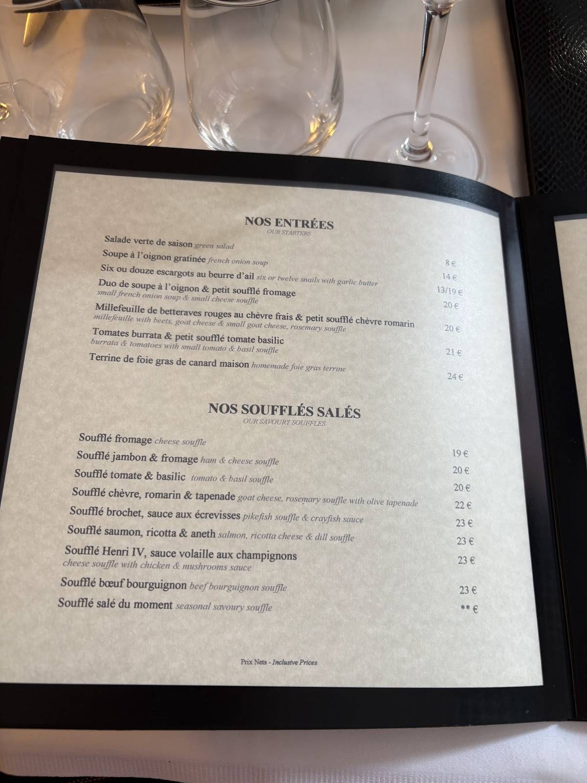 Menu at Le Soufflé restaurant, Paris, 36 Rue du Mont Thabor