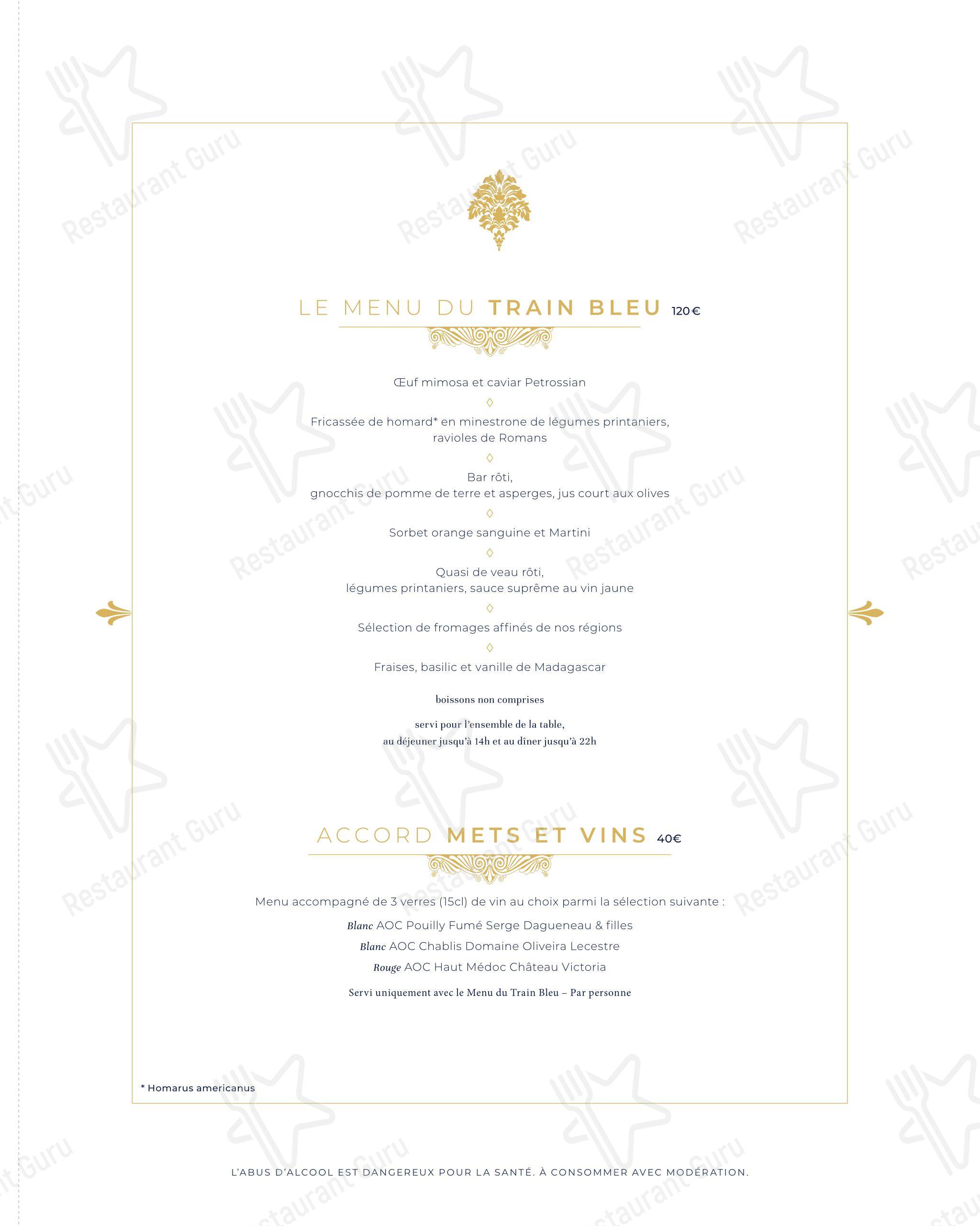 Menu au Le Train Bleu restaurant, Paris, Gare de Lyon