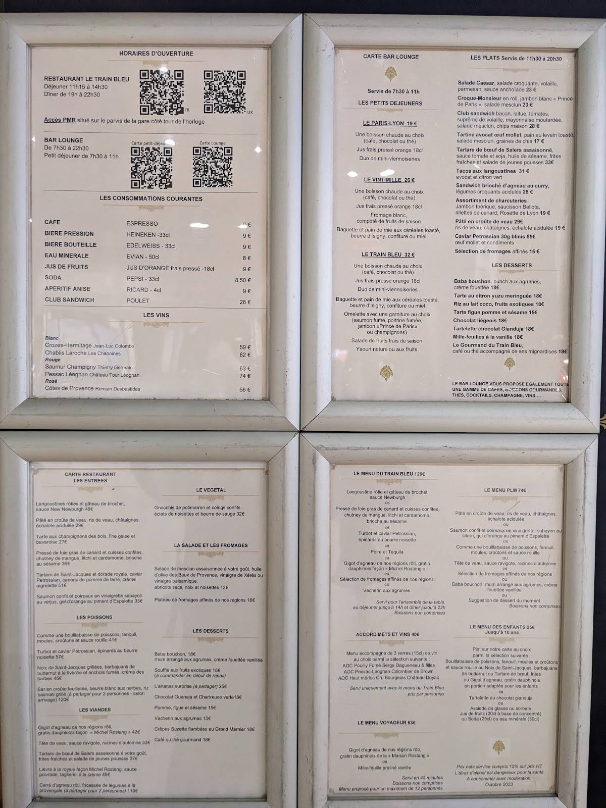 Carta del restaurante Le Train Bleu, Paris, Gare del Lyon