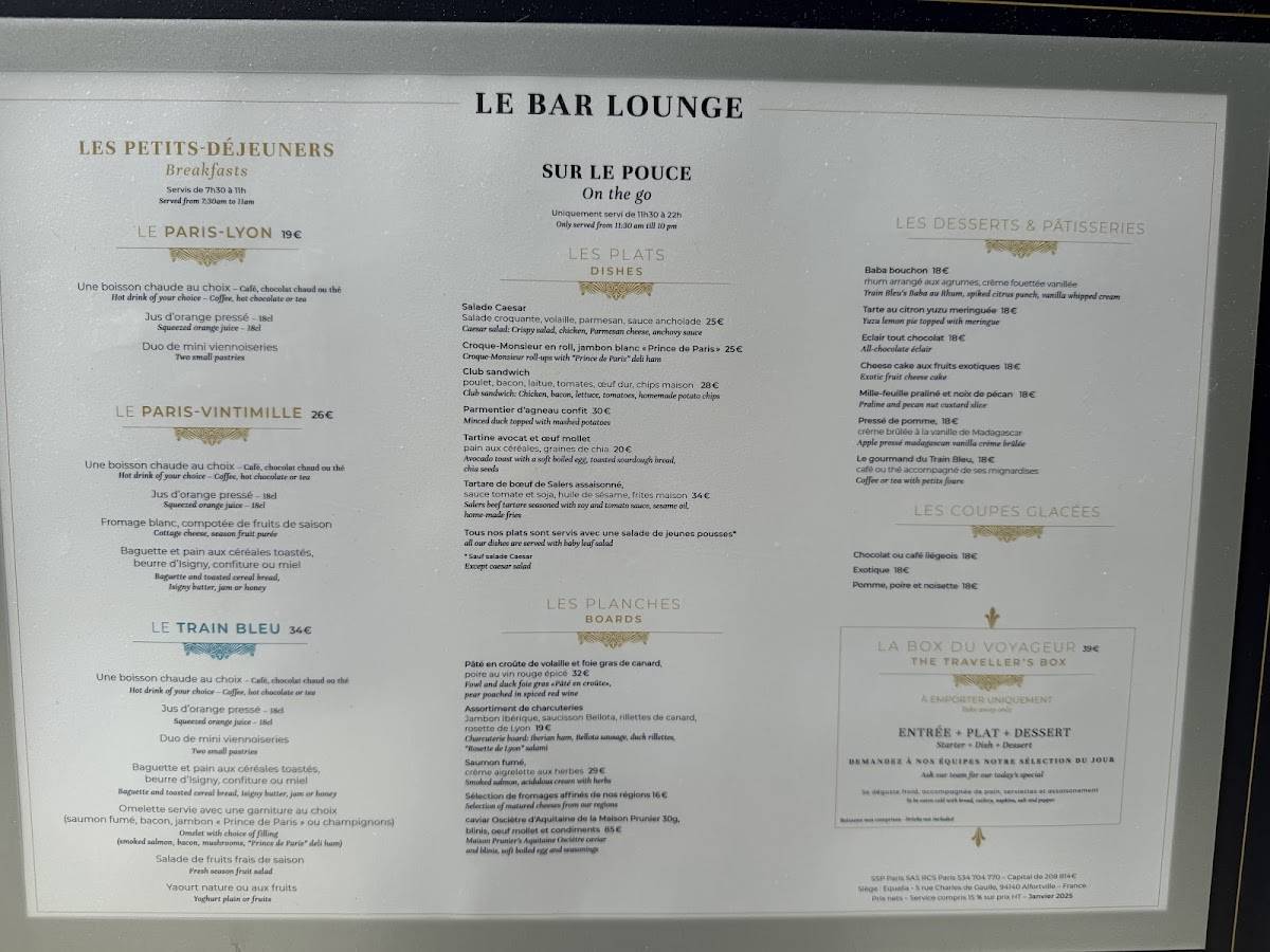 Menu au Le Train Bleu restaurant, Paris, Gare de Lyon