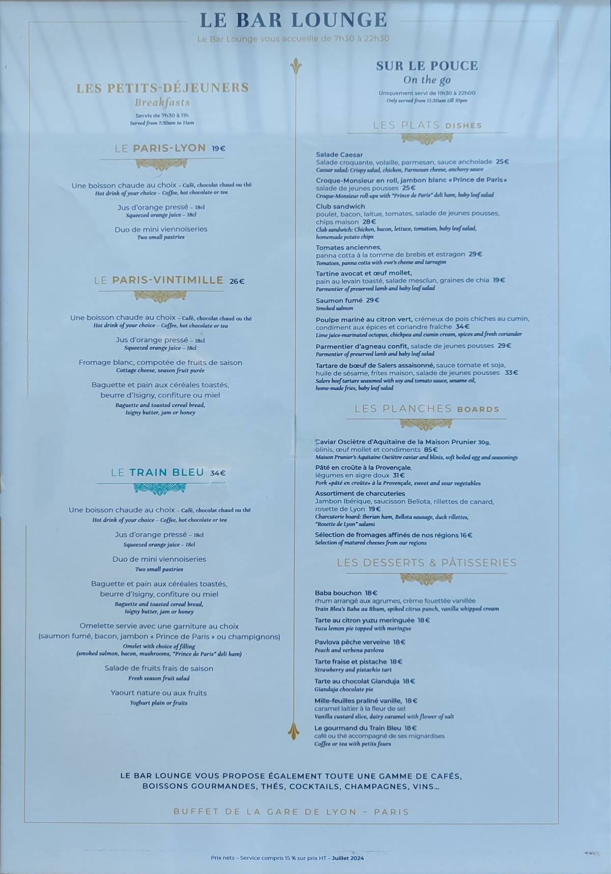 Menu at Le Train Bleu restaurant, Paris, Gare de Lyon