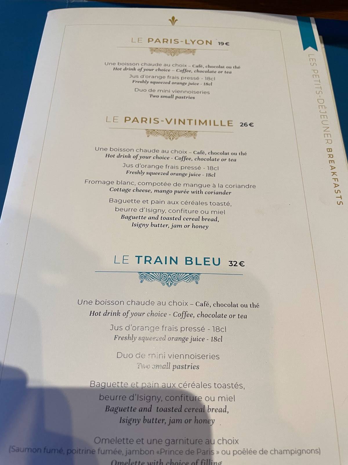 Menu at Le Train Bleu restaurant, Paris, Gare de Lyon