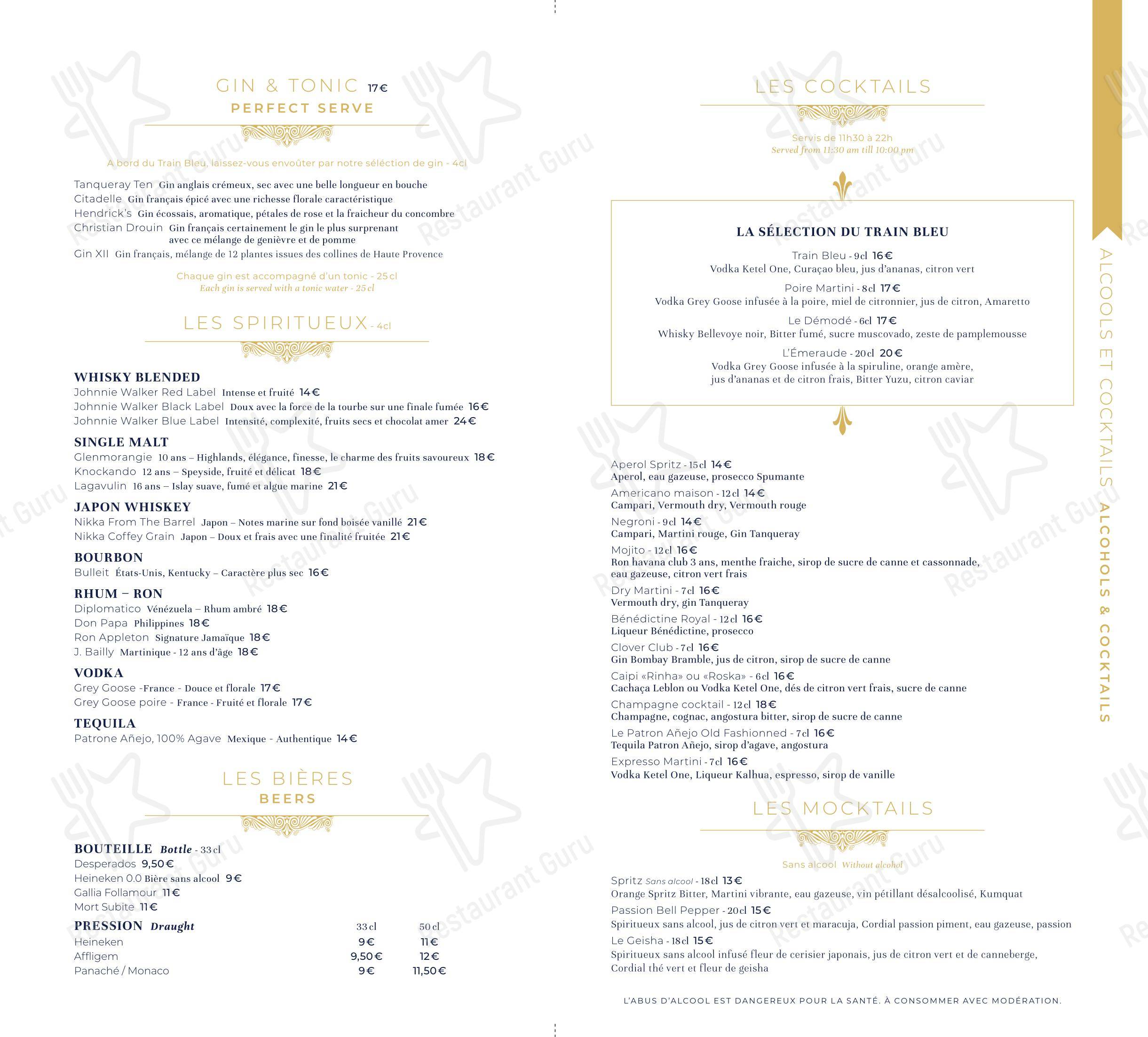 Menu au Le Train Bleu restaurant, Paris, Gare de Lyon