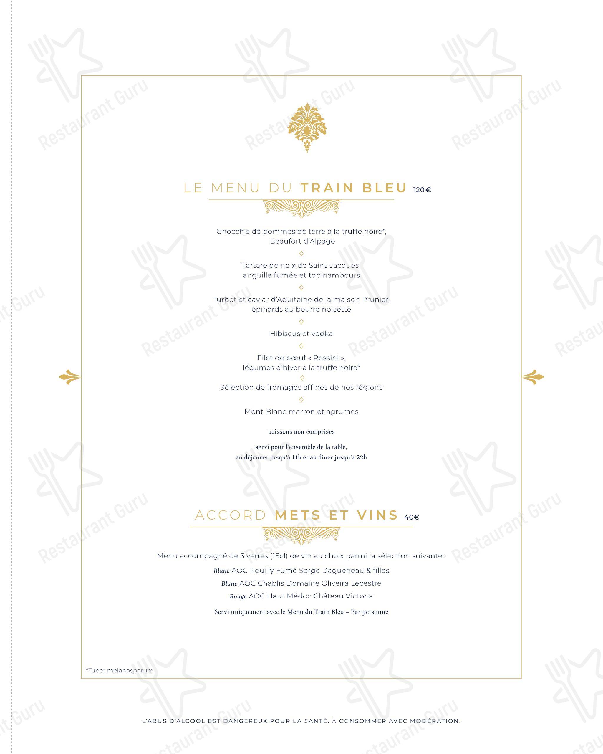 Menu at Le Train Bleu restaurant, Paris, Gare de Lyon