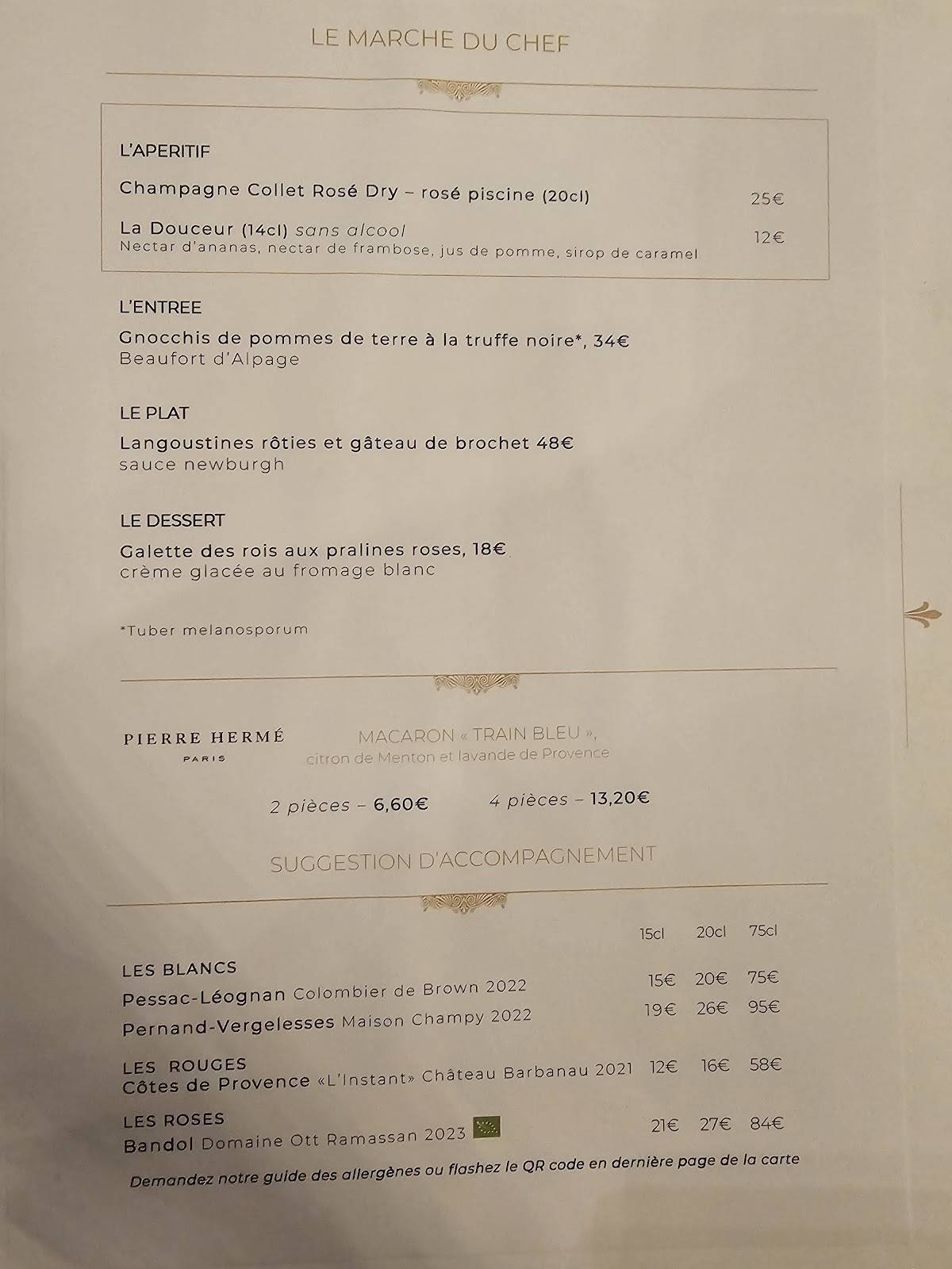 Menu at Le Train Bleu restaurant, Paris, Gare de Lyon