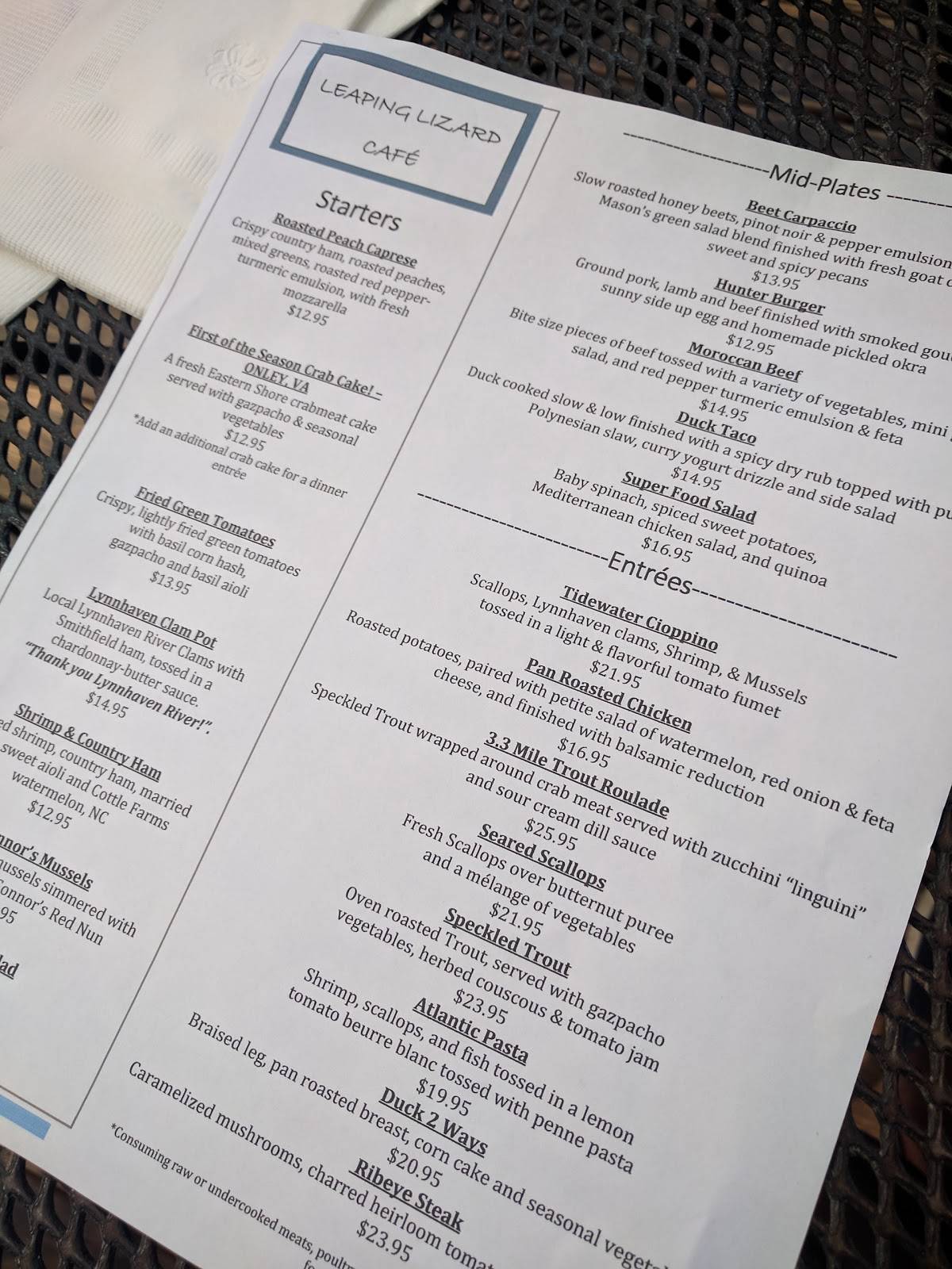 Menu at Leaping Lizard Cafe, Virginia Beach, Shore Dr