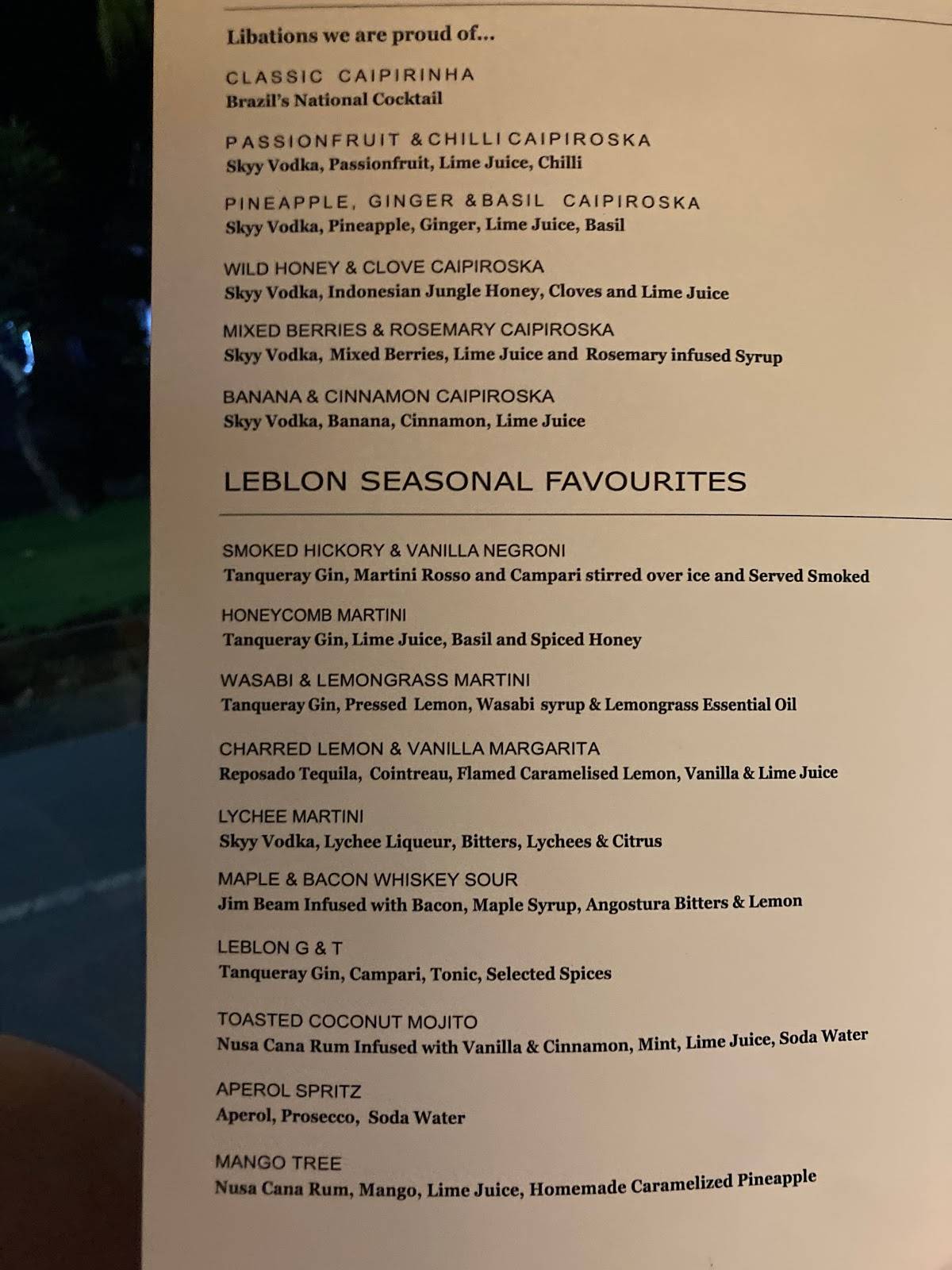 Menu at Leblon restaurant, Pererenan