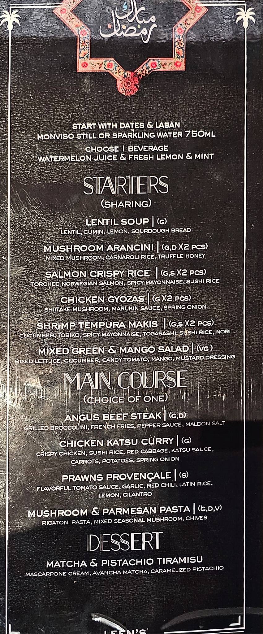 Menu at Leen's Yas Mall restaurant, Abu Dhabi