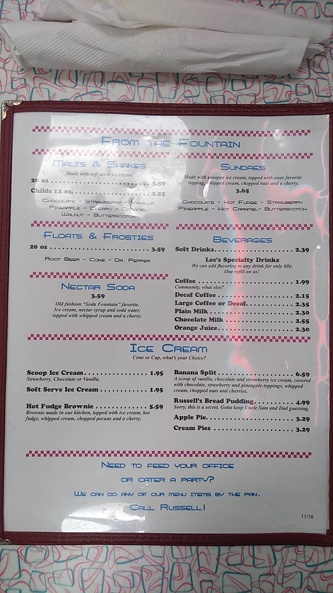 Menu at Lee’s Diner restaurant, Hammond, 401 W Thomas St