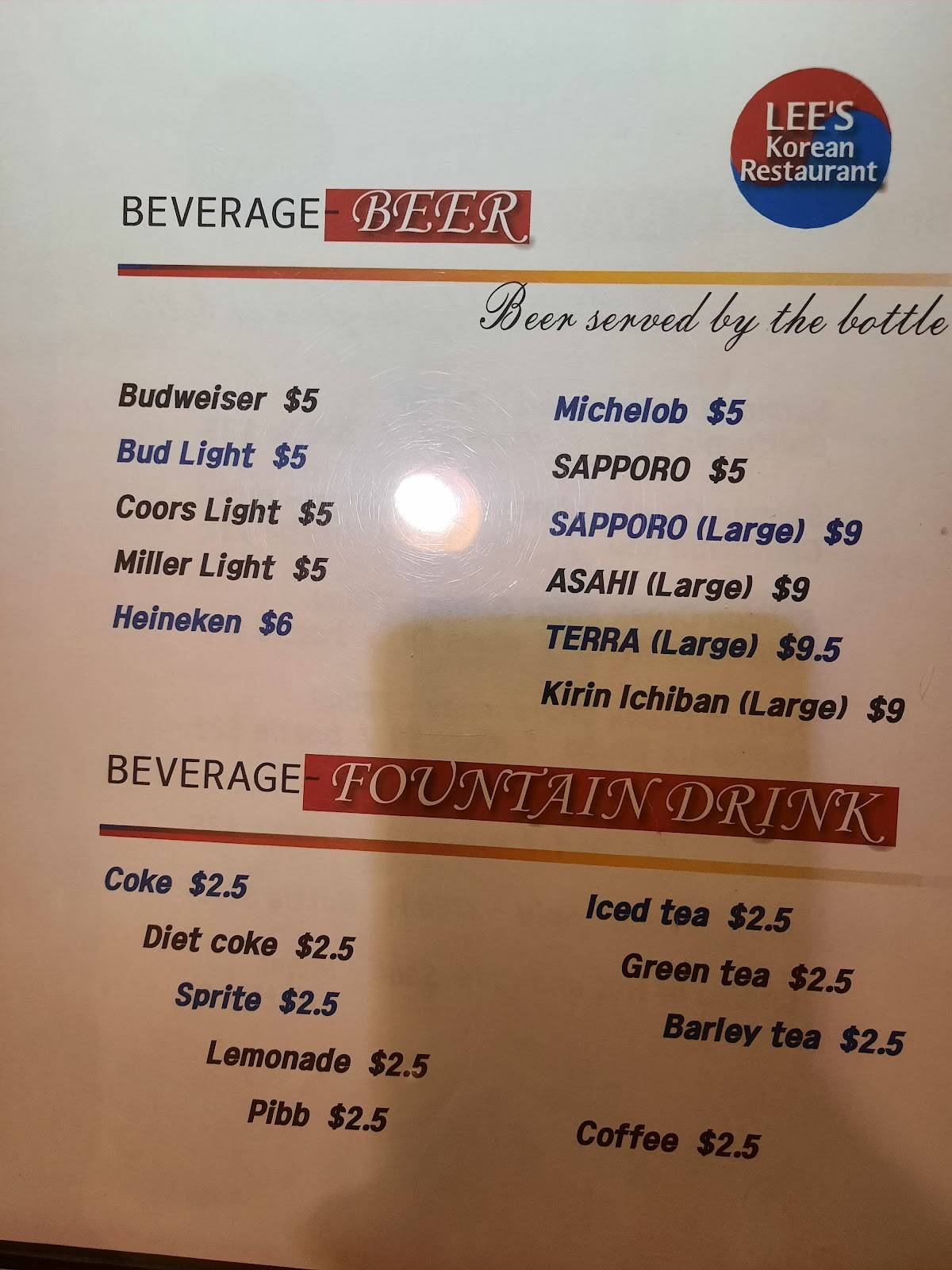 Menu at Lee's Korean Restaurant, Louisville