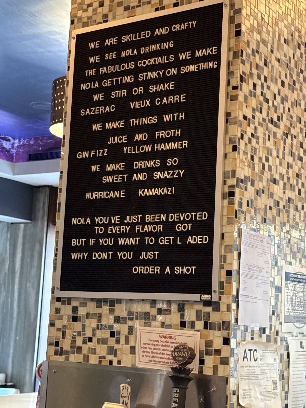 Menu at Legacy Kitchen's Tacklebox restaurant, New Orleans