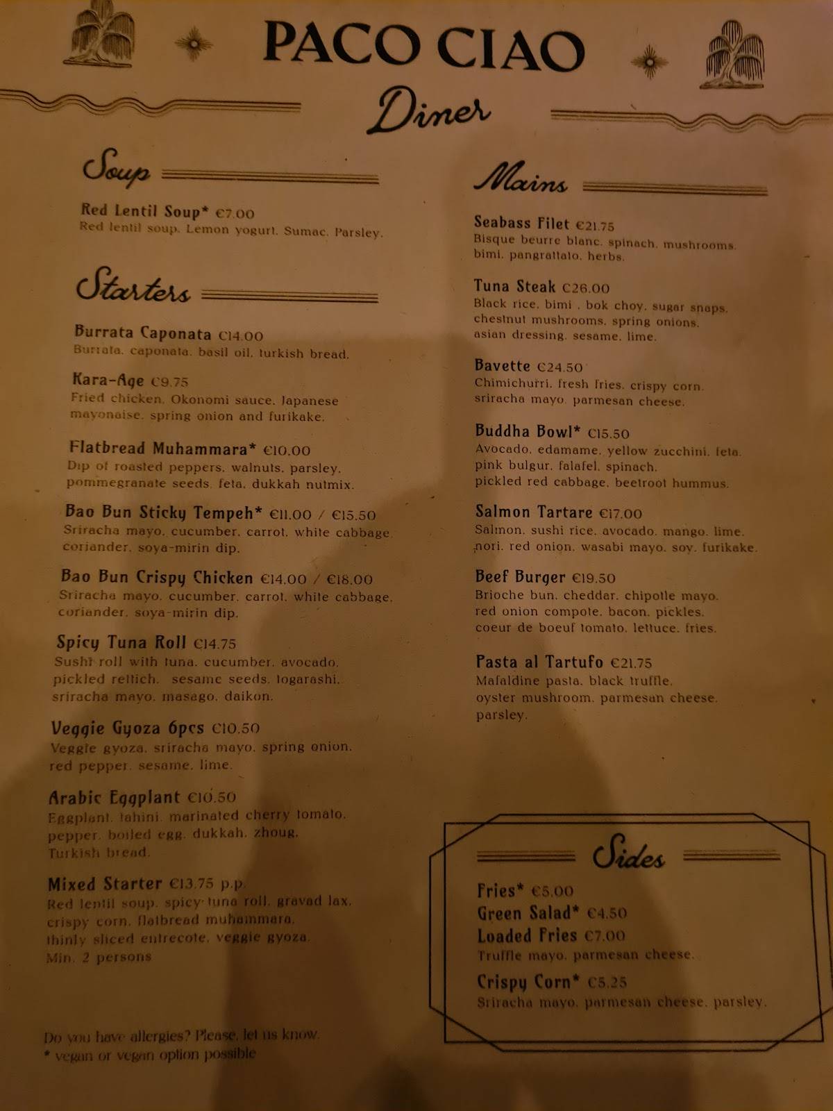 Menu at Paco Ciao, Leiden