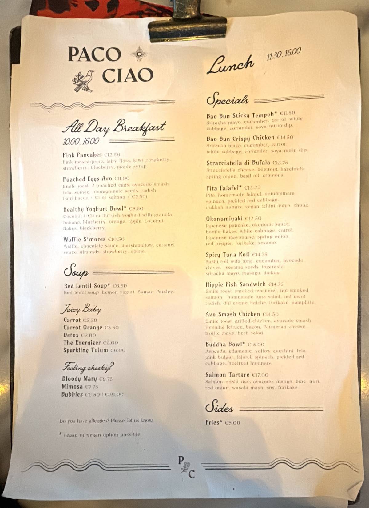 Menu at Paco Ciao, Leiden