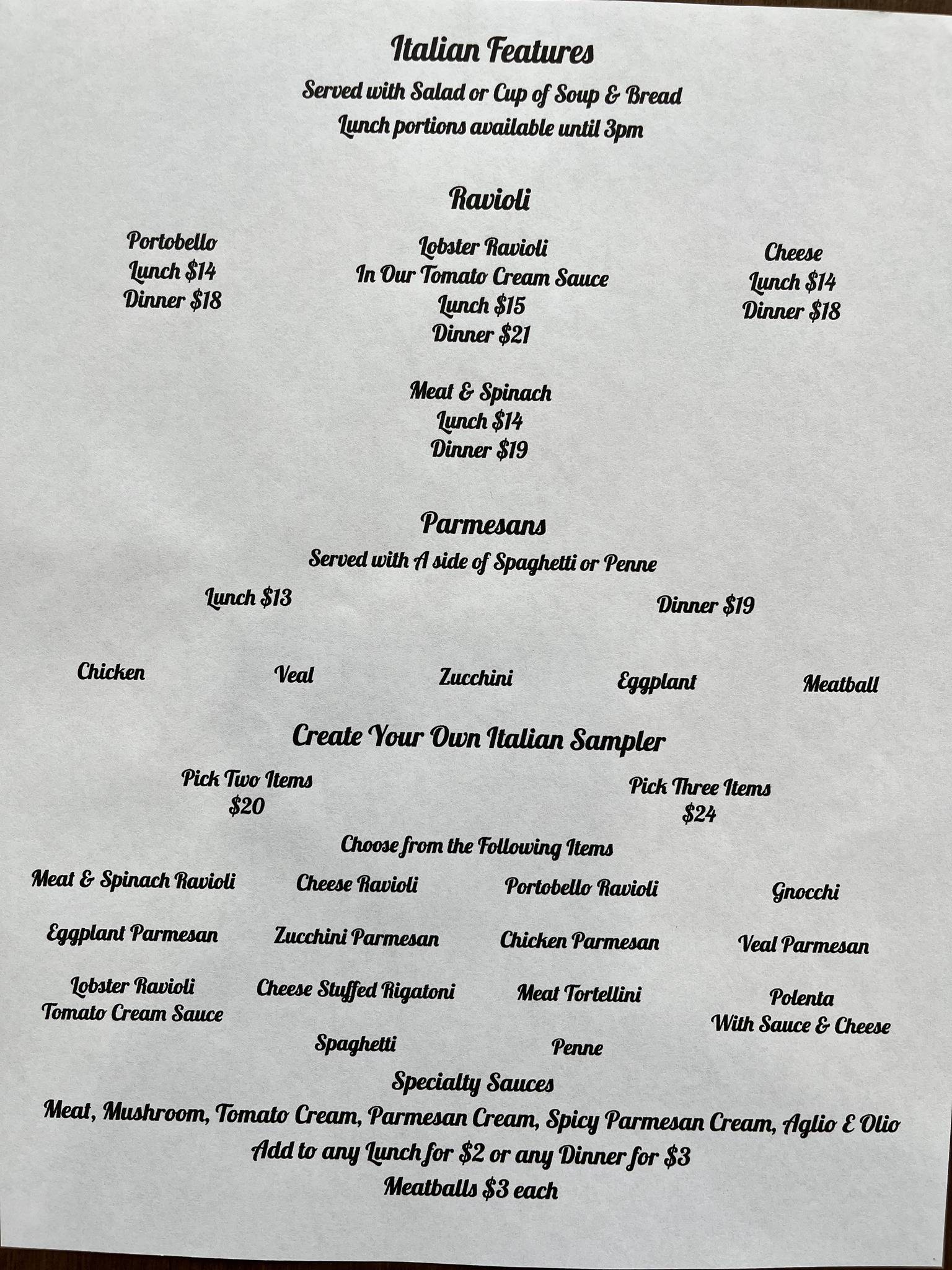 Menu at Lenzi's Restaurant, Monongahela
