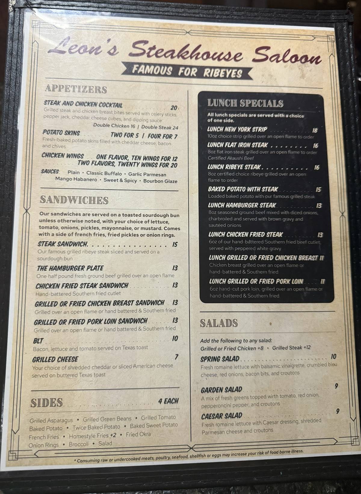 Menu at Leon's Steakhouse Saloon, Longview