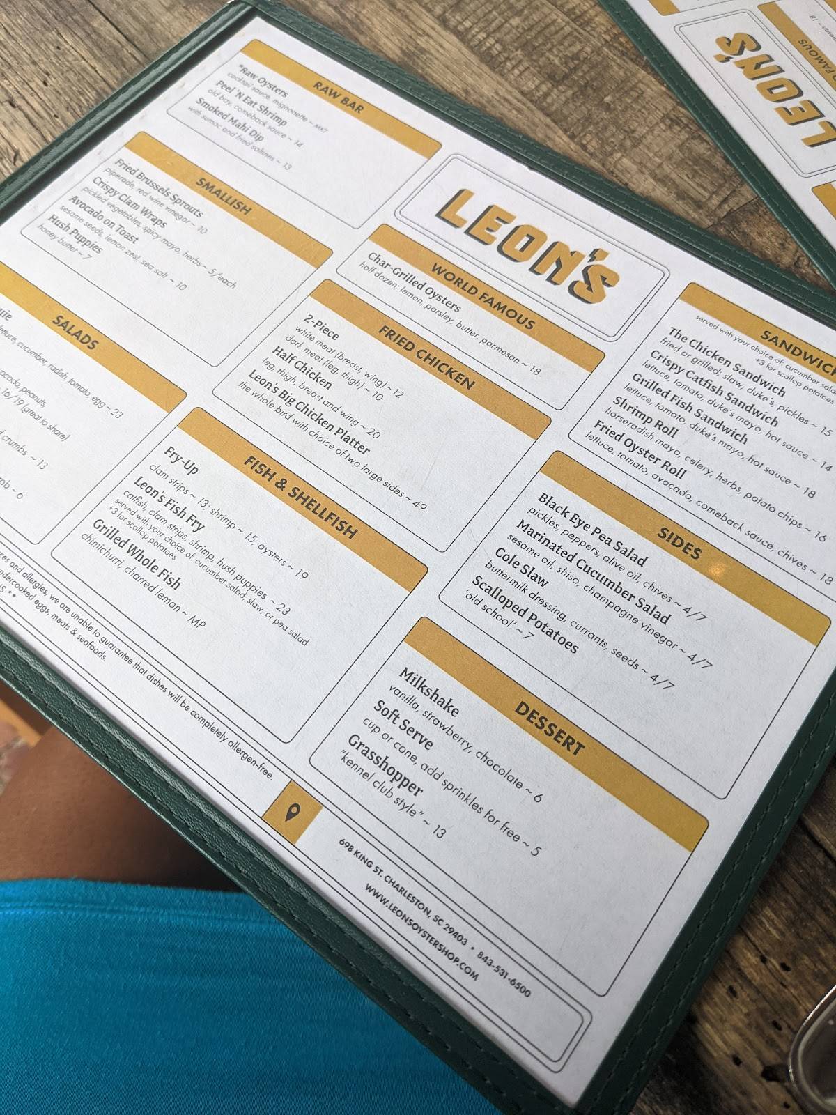 Menu at Leon's restaurant, Charleston