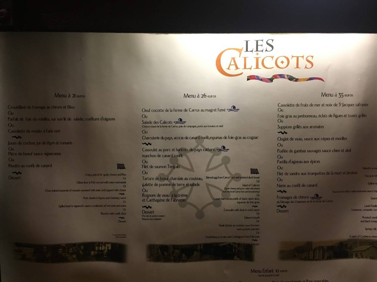 Menu au Les Calicots restaurant, Fabrezan